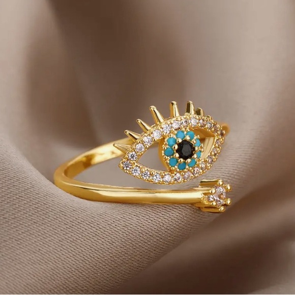 Jewelry | Gold Evil Eye Adjustable Resizable Ring Gold Tone Zircon Shiny Dainty Boho New | Poshmark